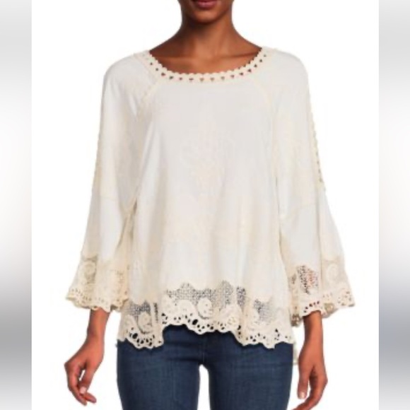 Democracy | Tops | Democracy Boho Raglan Lace Top Natural Three Quarter ...